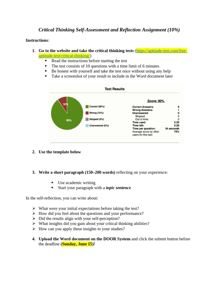 (Assignment) Critical Thinking Test and Self Reflectionhjse!n!nenxe | PDF