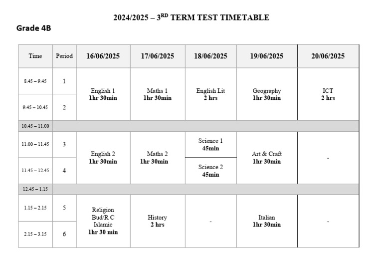 Grade 4B: 2024/2025 3 Term Test Timetable | PDF
