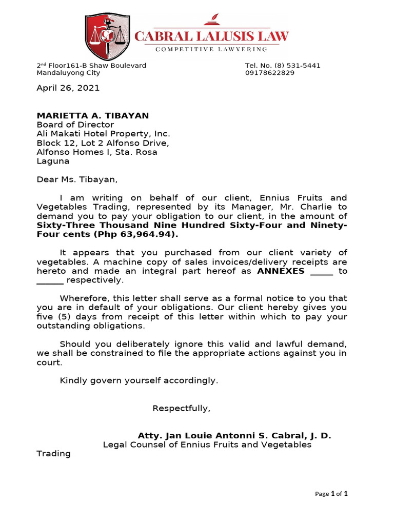 Demand Letter - Ali.makati - Tibayan | PDF