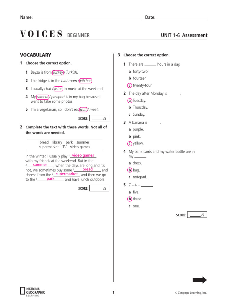 Voices Beginner U01-06 Mid Course Test Answer Key | PDF | Foods | Cooking