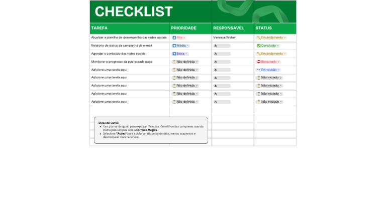 Planilha de Checklist Geral Estilo Blocos de Cores em Verde | PDF
