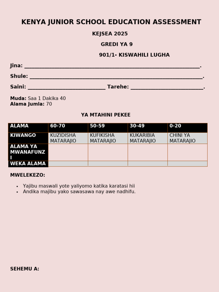 Grade 9 Kiswahili Paper 1 | PDF