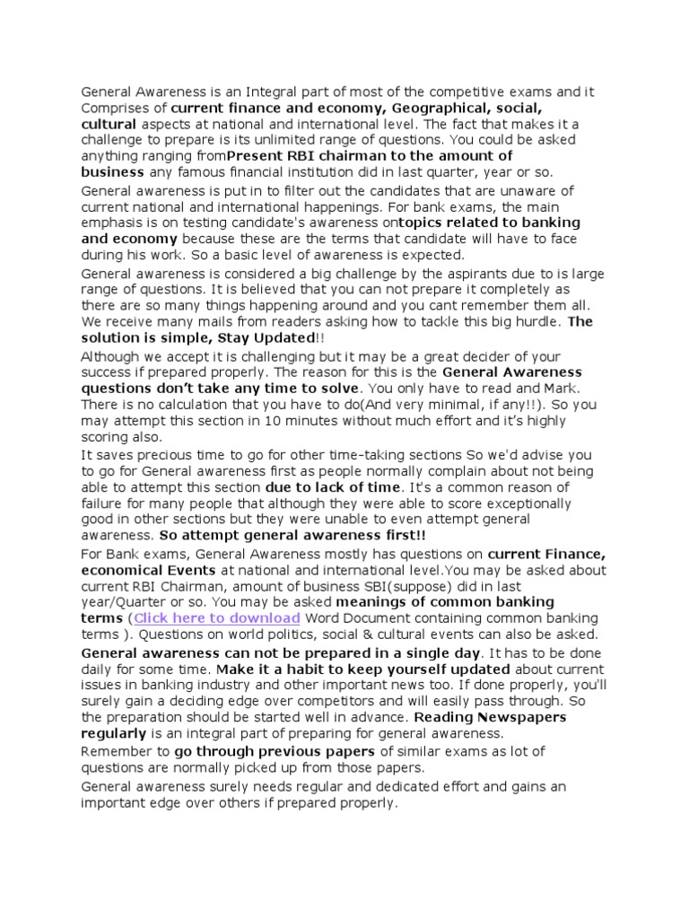 General Awareness Is An Integral Part of Most of The Competitive Exams ...
