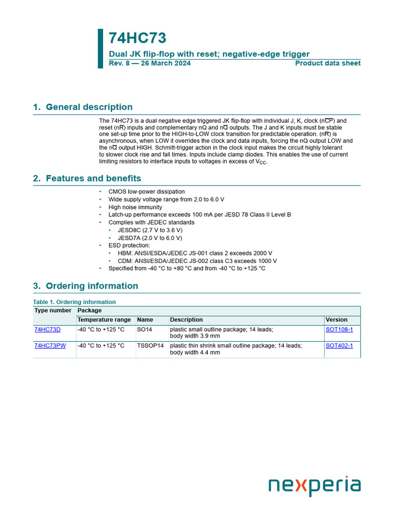 74HC73 Dual JK Flip-Flop Data Sheet | PDF | Electrical Engineering ...