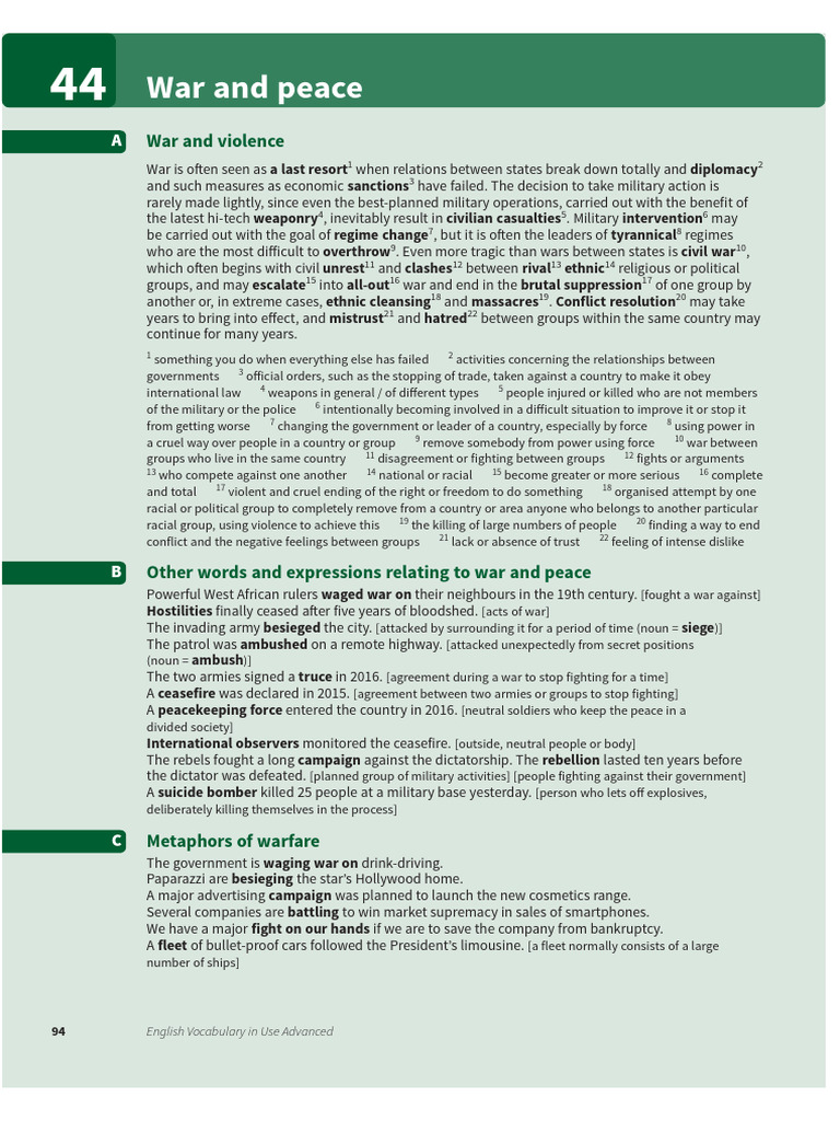 War and Peace - Vocabulary Exercises | PDF | Ceasefire | Peacekeeping