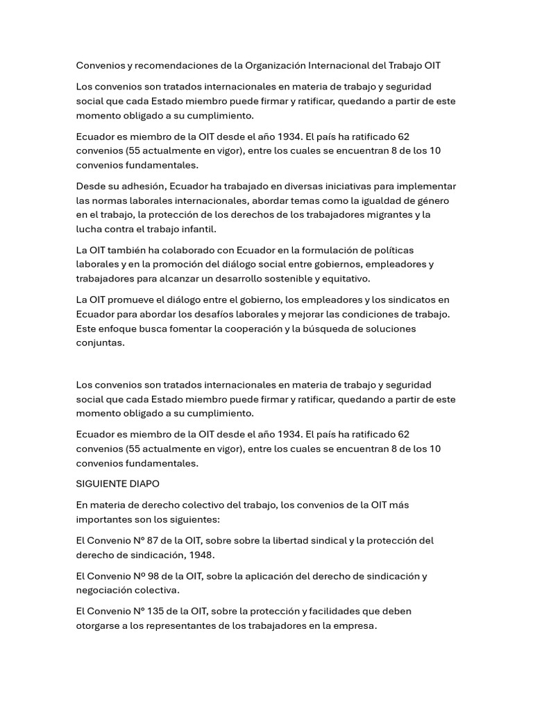Convenios y Recomendaciones de La Organización Internacional Del Trabajo OIT | PDF ...