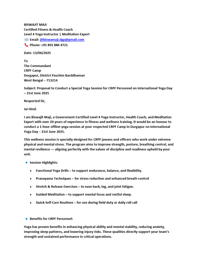 Proposal To Conduct A Special Yoga Session For CRPF Personnel On ...