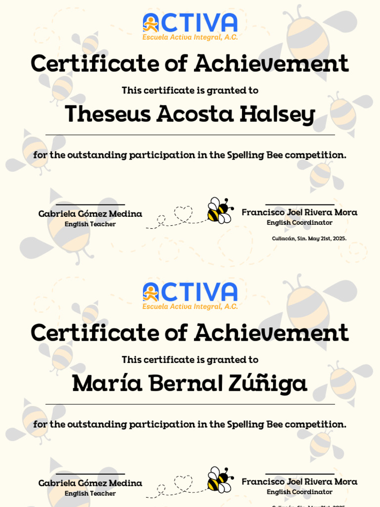 Spelling Bee Certificate - 4th Grade | PDF