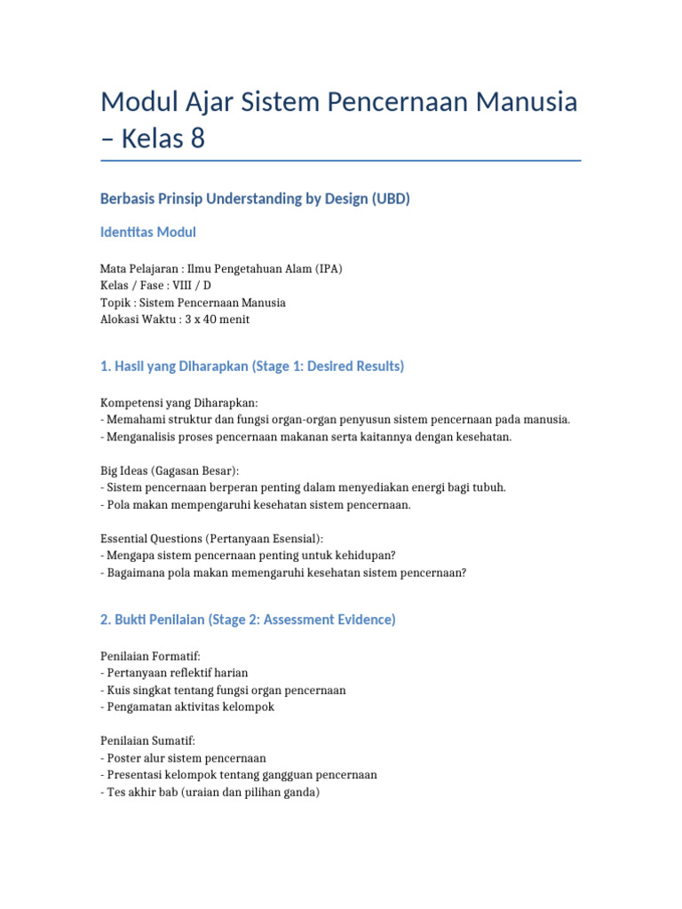 Modul Ajar UBD Sistem Pencernaan Kelas8 | PDF