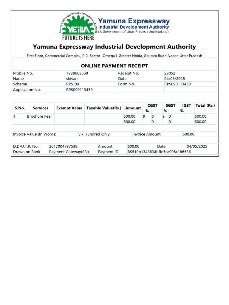 YEIDA Form Download Receipt | PDF
