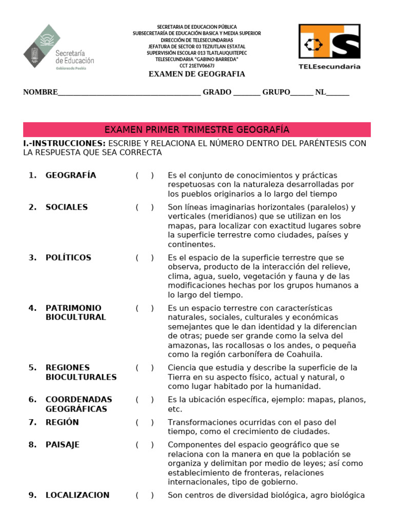 Examen de Geografia | PDF | Geografía | Ciencias de la Tierra