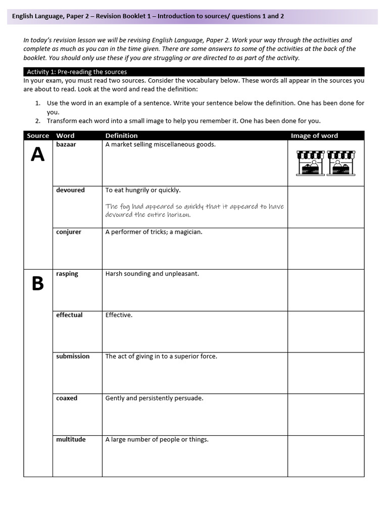 PDF Cover Booklet 1 - English Language, Paper 2 Q1 and 2 | PDF