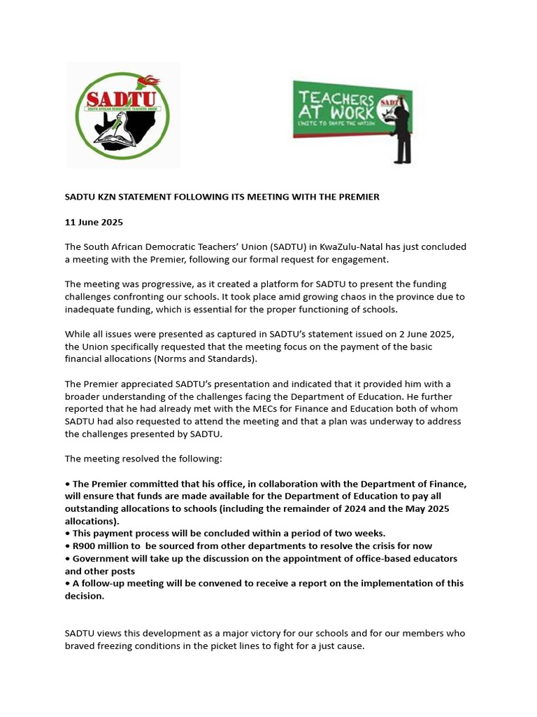 Sadtu KZN Statement Following The Meeting With Premier - Media Statement | PDF