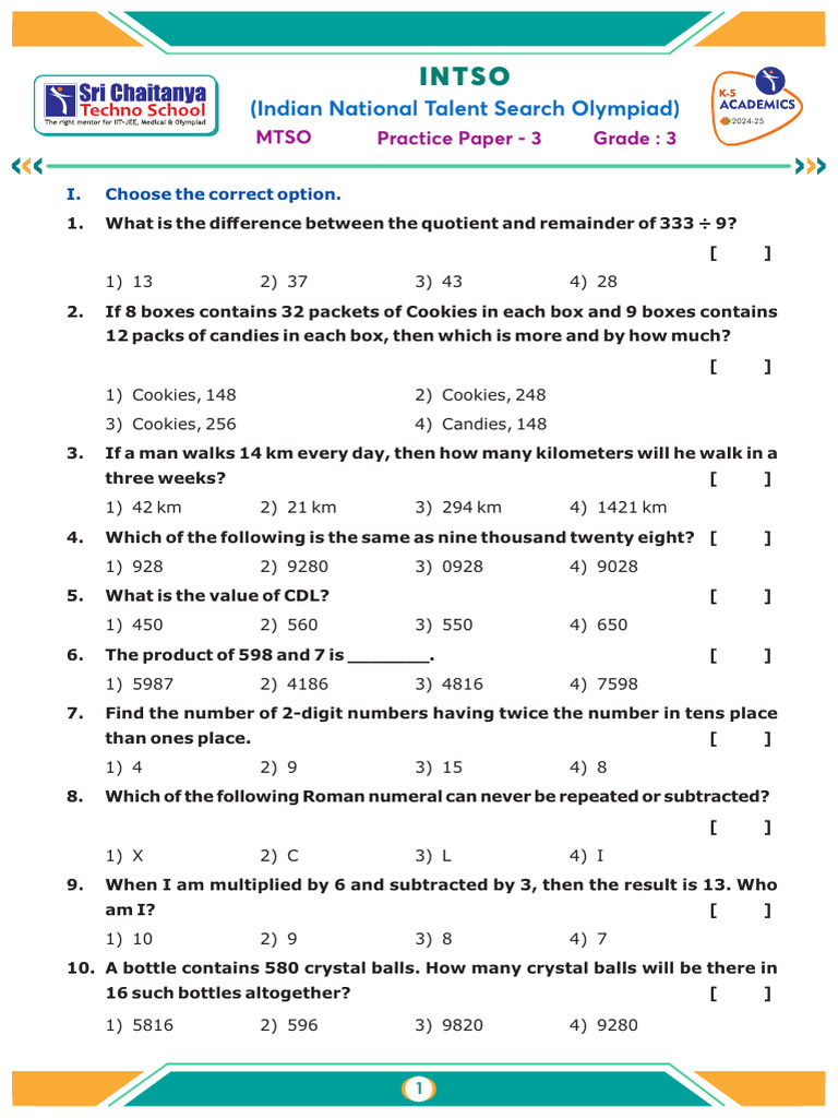 INTSO MTSO Grade-3 Practice Paper-3 2024 | PDF | Arithmetic | Mathematics
