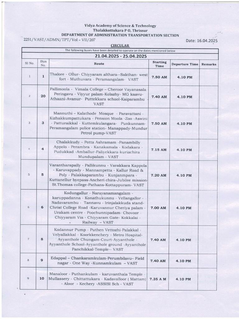 VAST Bus Schedule April 2025 | PDF | Transport | Vehicles
