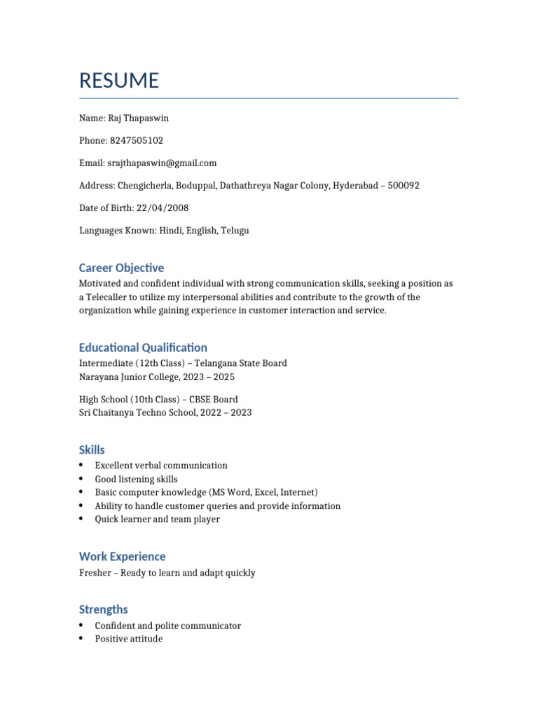 Raj Thapaswin Telecaller Resume | PDF