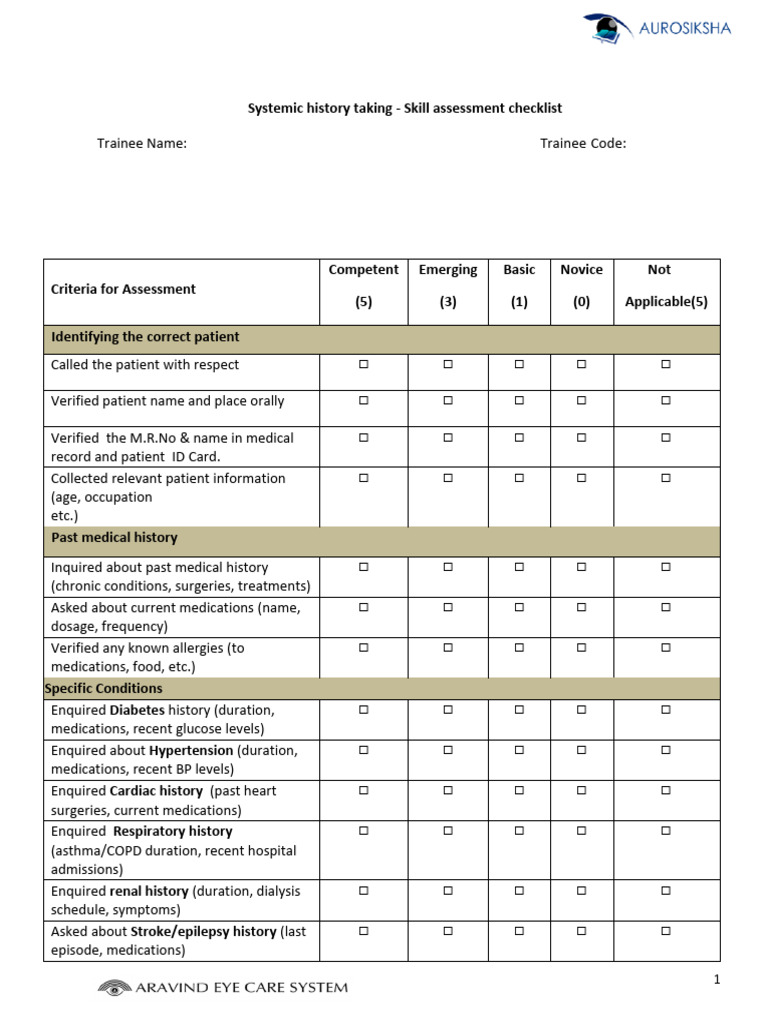 Systemic History Taking Checklist | PDF | Medical Specialties | Health Care