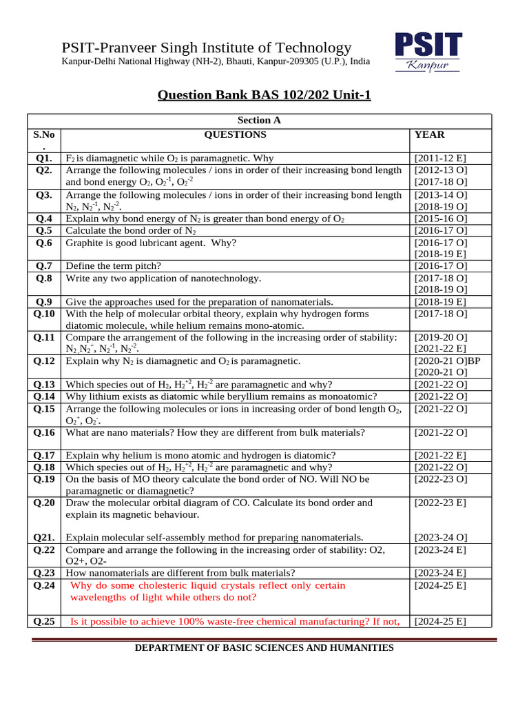 QB - Unit - 1 Till 24-25 Even | PDF | Liquid Crystal | Molecular Orbital