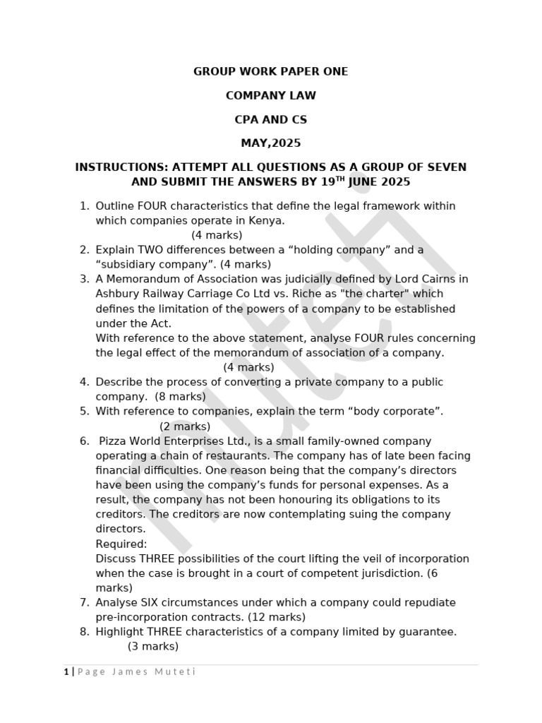 Company Law - Group Work - May 2025 Paper One | PDF | Companies ...