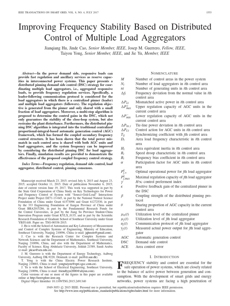 Improving Frequency Stability Based On Distributed Control of Multiple Load Aggregators | PDF ...