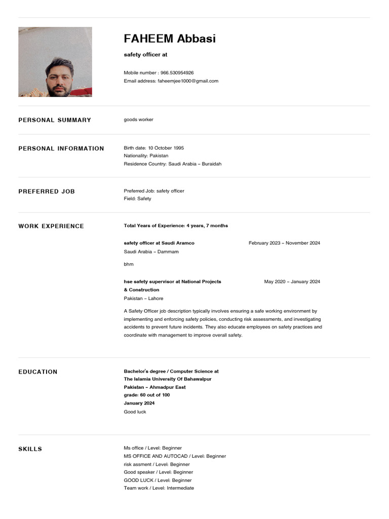 Faheem Abbasi: Safety Officer Profile | PDF