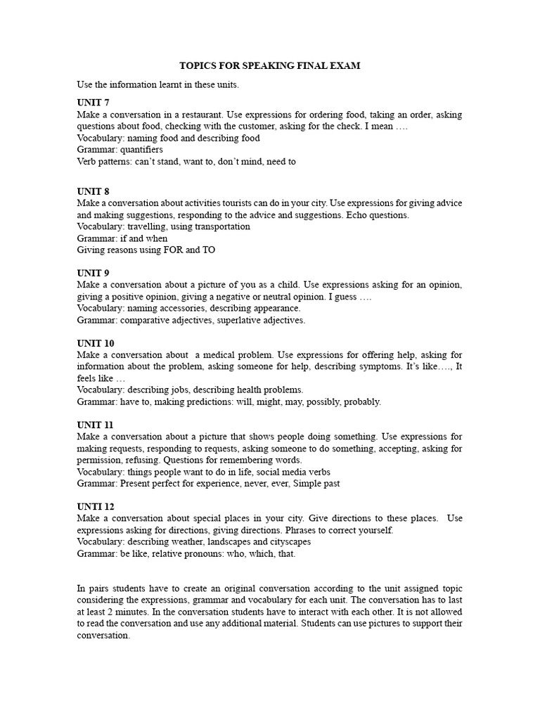 A2.2-Topics For Speaking Final Exam | PDF