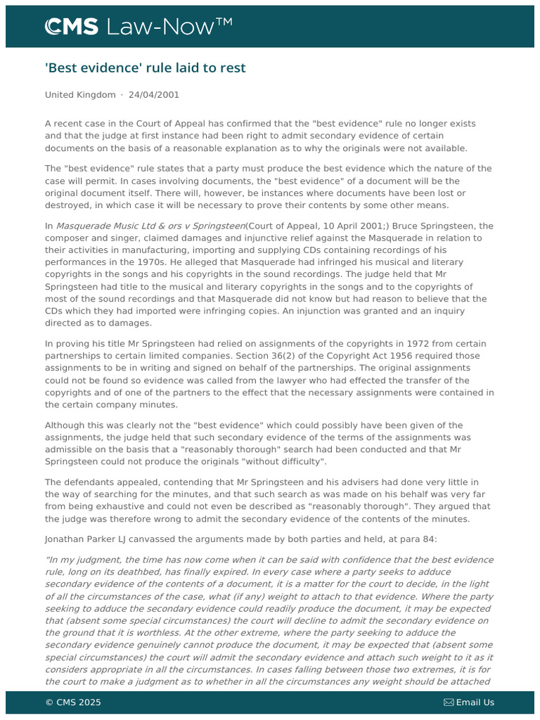 'Best Evidence' Rule Laid To Rest 2 | PDF | Copyright | Copyright Law ...