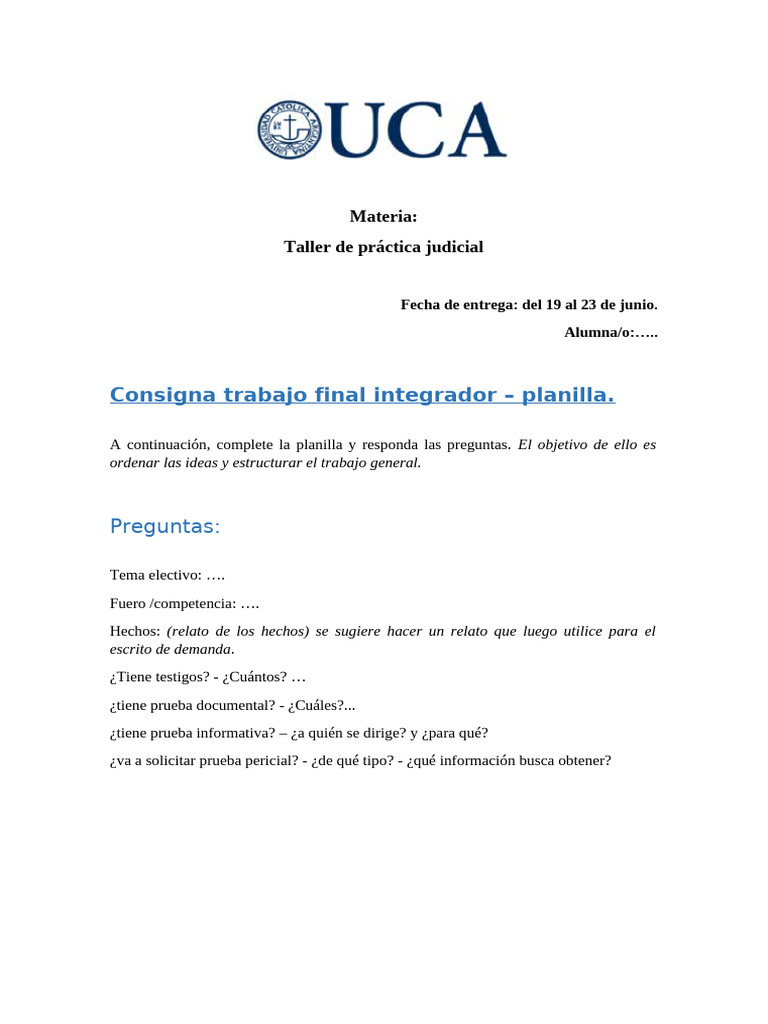Planilla Consigna TP Final - Taller de Practica Judicial UCA | PDF