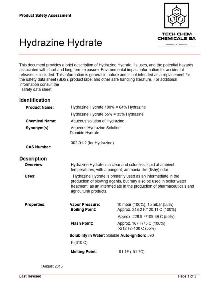 Hydrazine Hydrate Safety Overview | PDF | Toxicity | Water