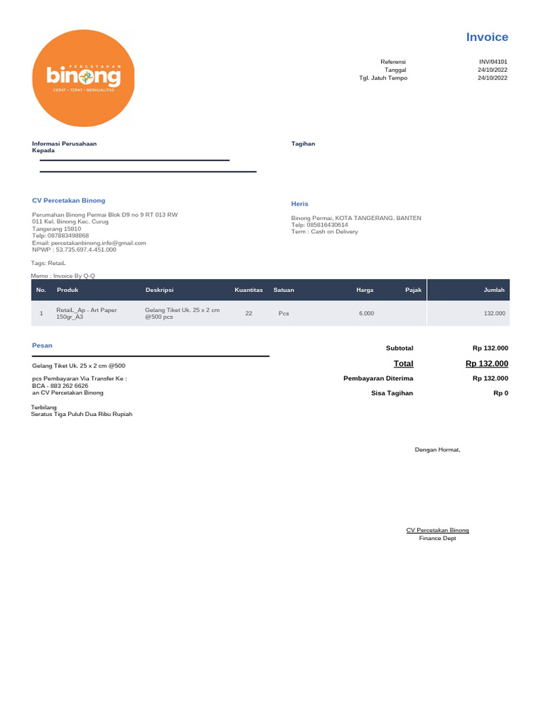 Invoice dan Pembayaran CV Percetakan Binong | PDF