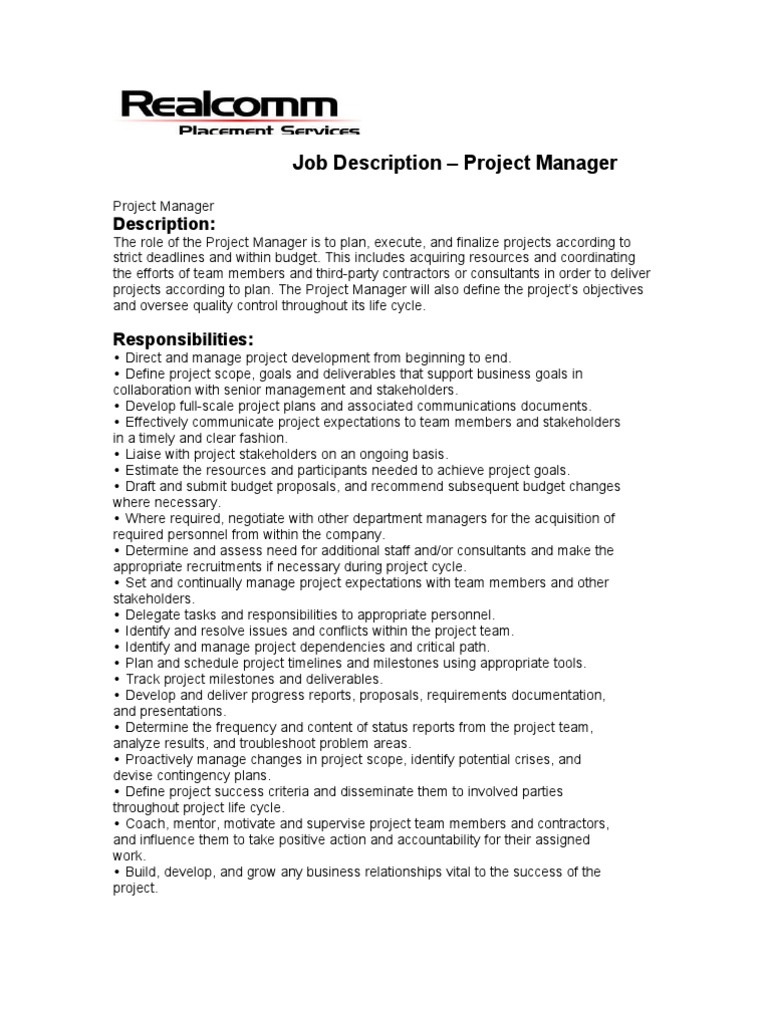 Job Description - Project Manager | PDF | Project Management | Public ...