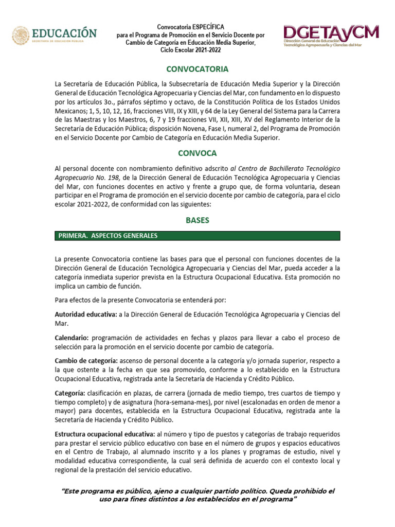 Convocatoria Especifica Promocion Horizontal Cbta198 | PDF | Maestros ...