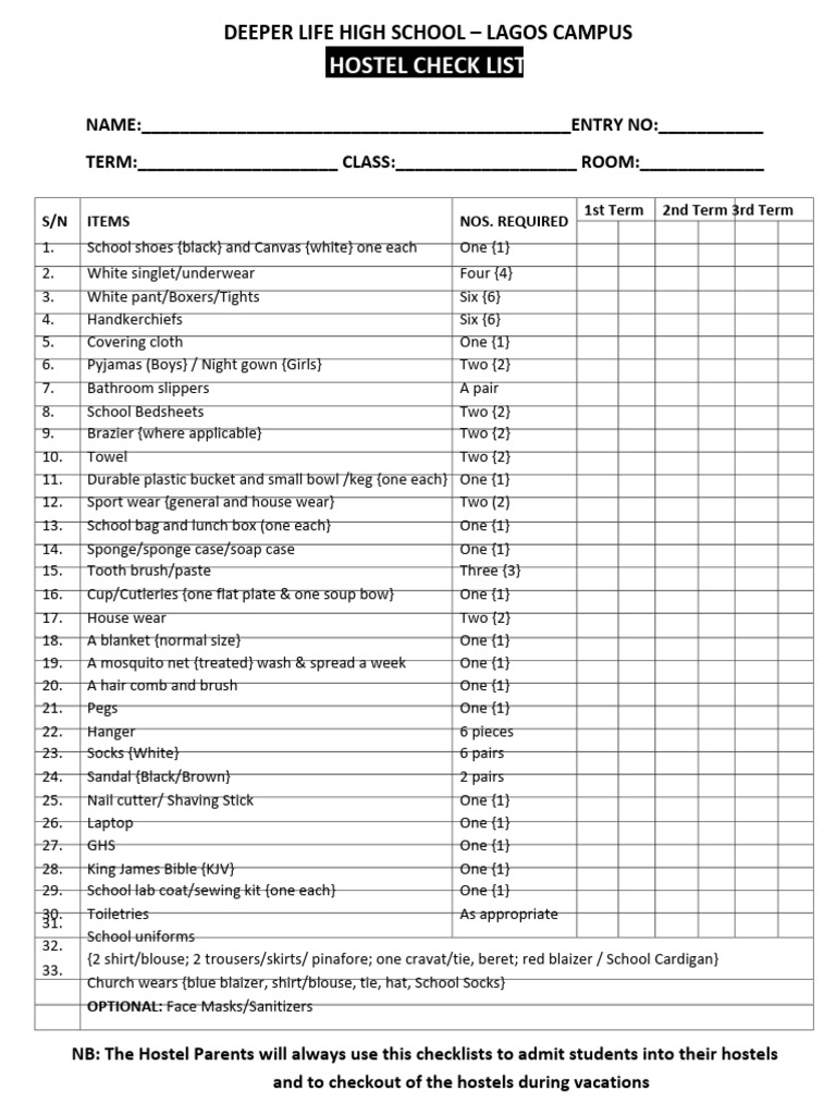 Hostel Checklist for Deeper Life High School | PDF | Clothing | Fashion