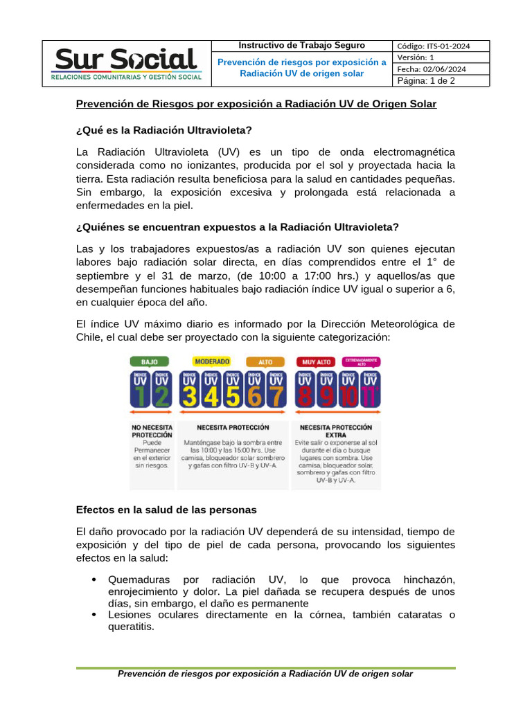 ITS-01-2024 Instructivo de Trabajo Seguro Prevención de Riesgos Radiación UV Origen Solar | PDF ...