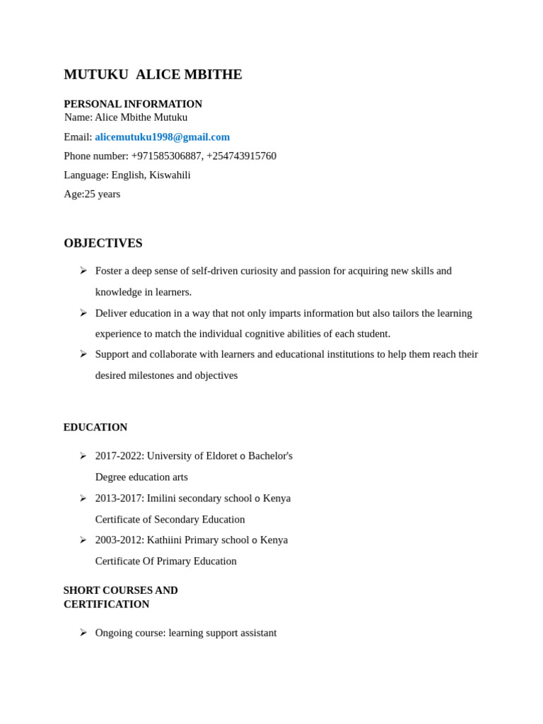 Alice Mbithe Mutuku: Educator Profile | PDF | Learning | Psychology