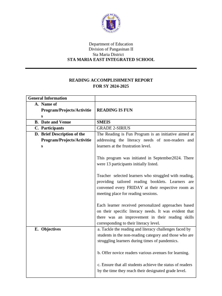 Reading Accomplishment Report | PDF | Literacy | Learning