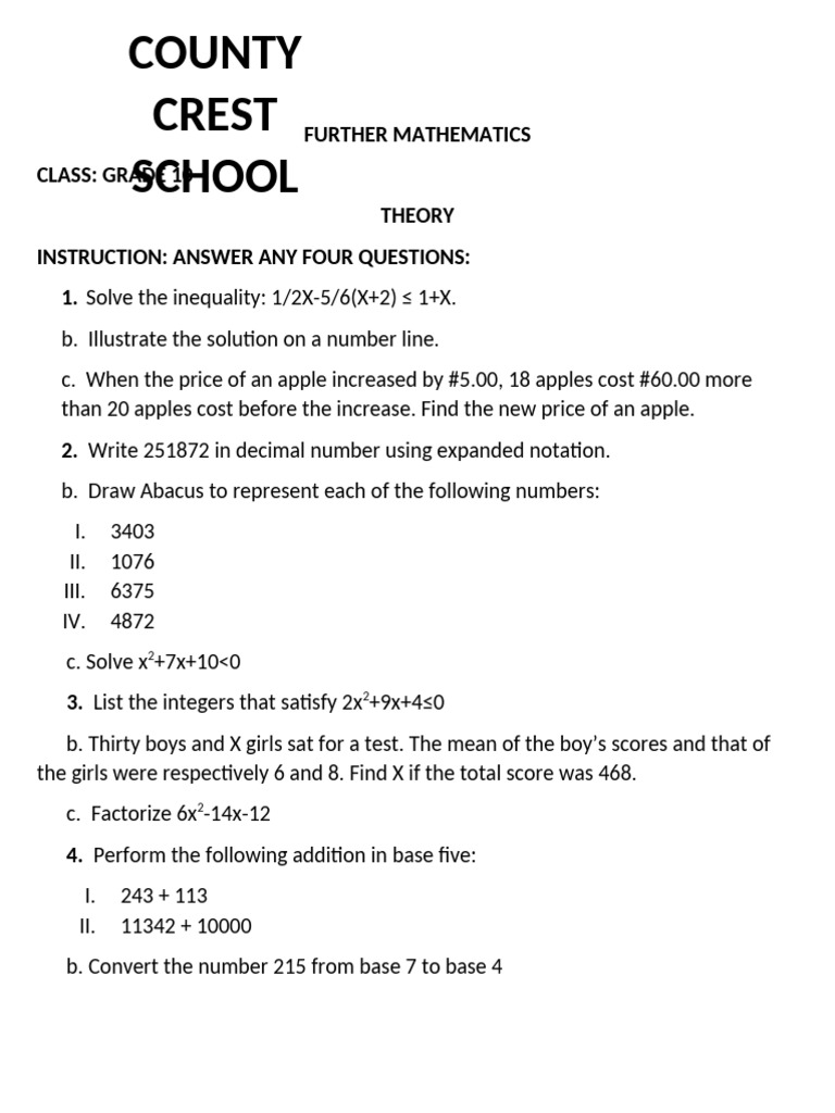 Further Mathematics Grade 10 | PDF