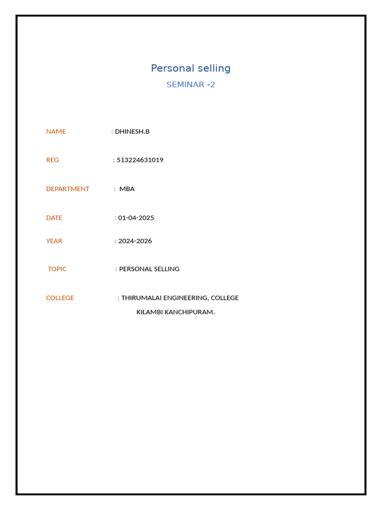 Personal Selling B.dhinESH - Dox - 063558 | PDF | Sales | Human ...