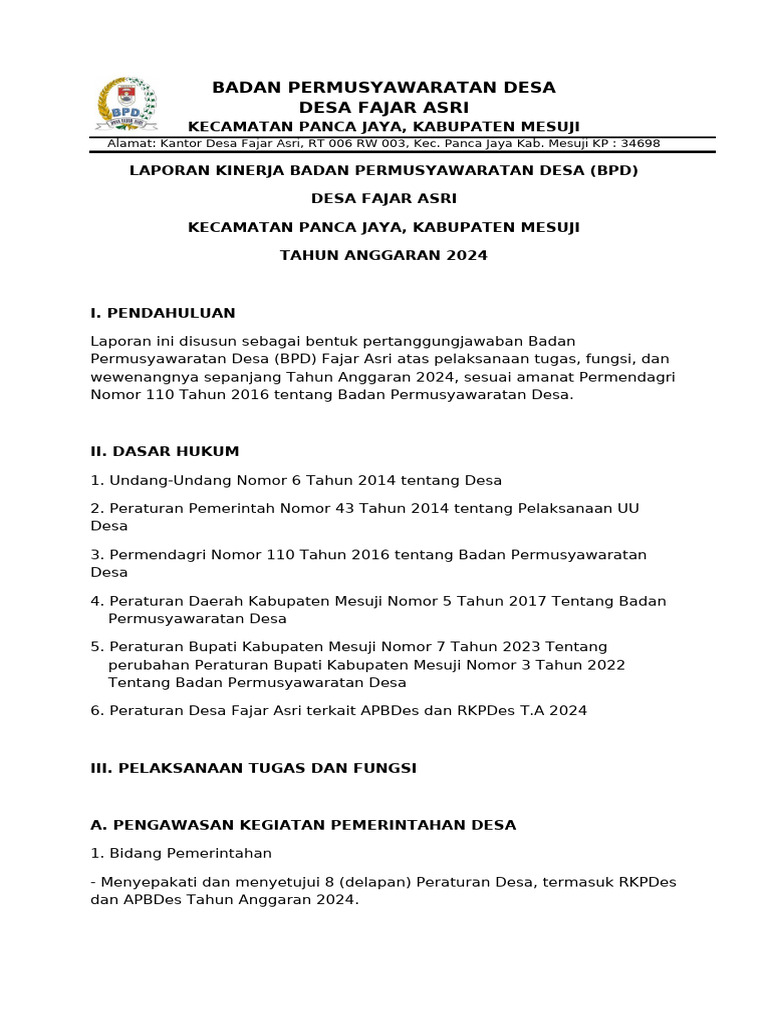 Laporan Kinerja BPD Fajar Asri 2024 | PDF