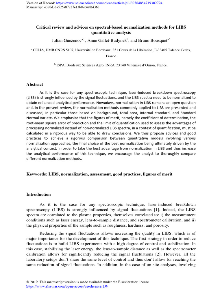 Critical Review and Advices On Spectral-Based Normalization Methods For LIBS Quantitative ...