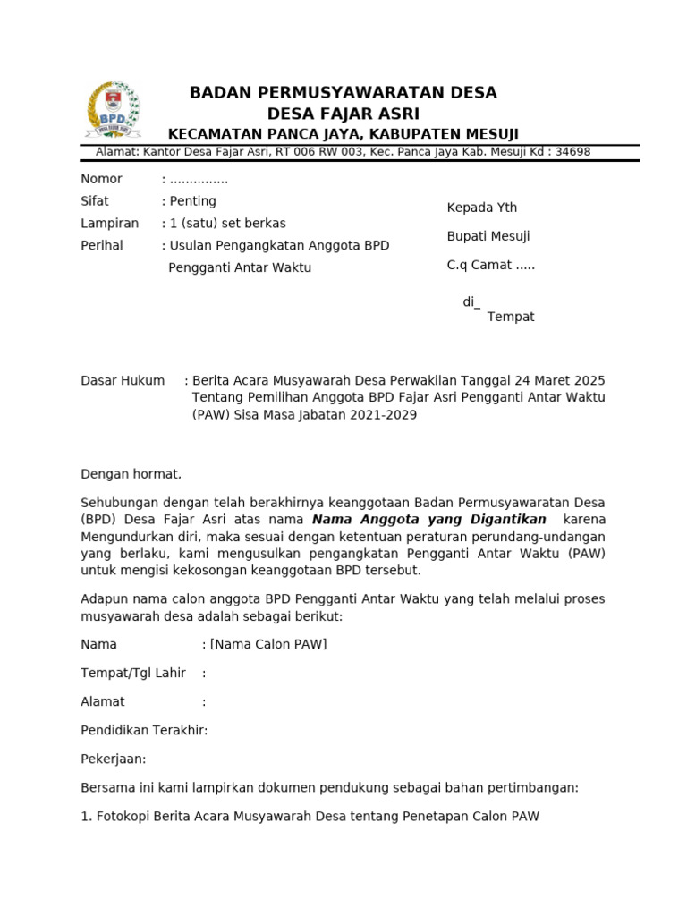 Usulan PAW Anggota BPD Fajar Asri | PDF
