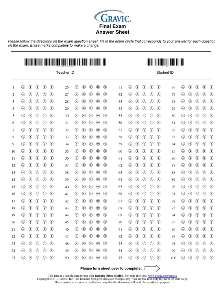 Multiple Choice Answer Sheet 1 30