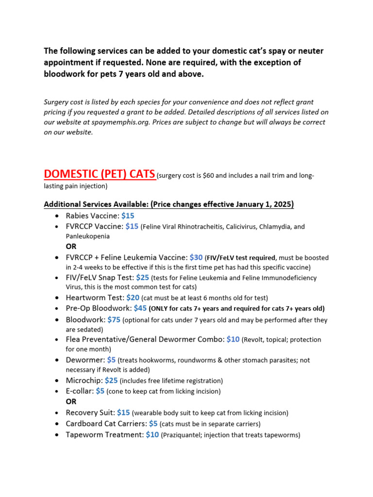 Domestic Cat Additional Services | PDF