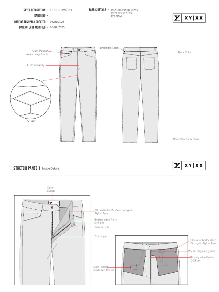 Stretch Pants Tech Pack Details | PDF | Seam (Sewing) | Clothing