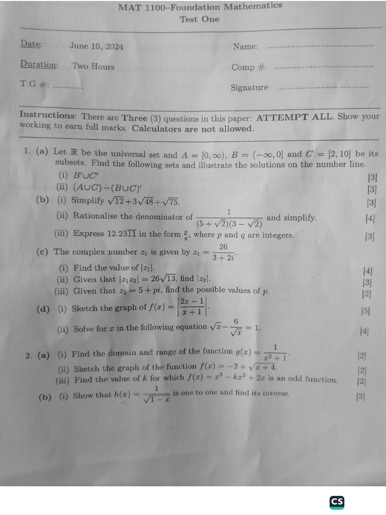 Math Test 1 2K24 | PDF