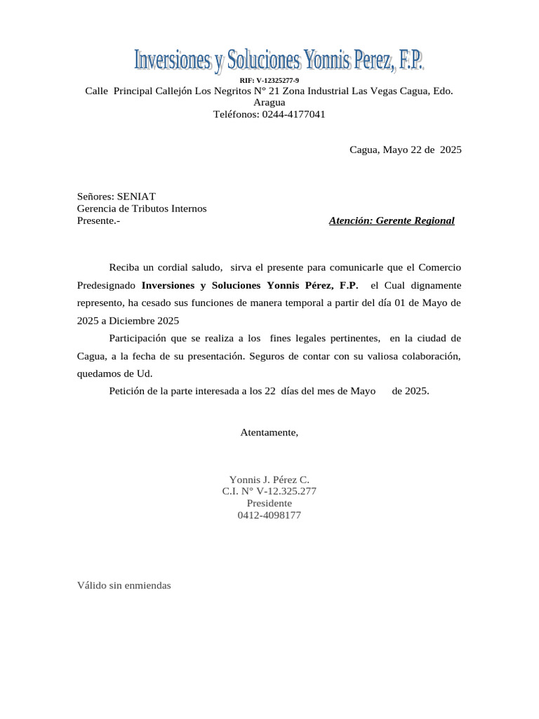 Oficio Cauchera Yonni Perez Seniat | PDF