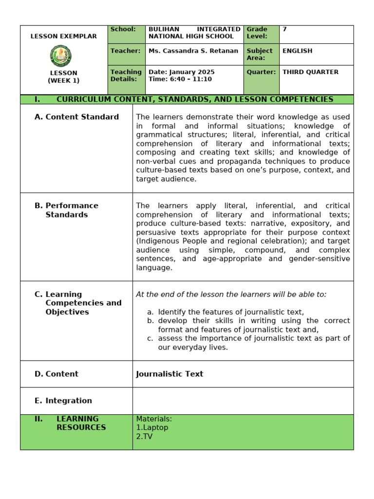 Grade 7 English Lesson on Journalistic Text | PDF | Reading ...