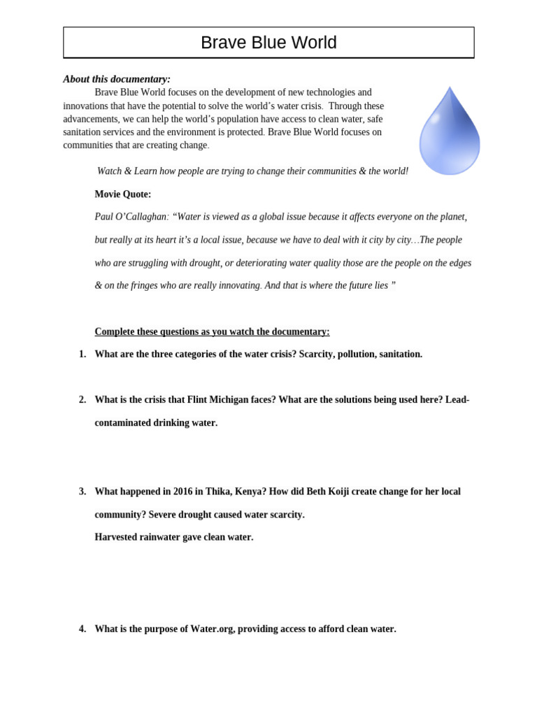 Brave Blue World Questions | PDF | Water Scarcity | Water