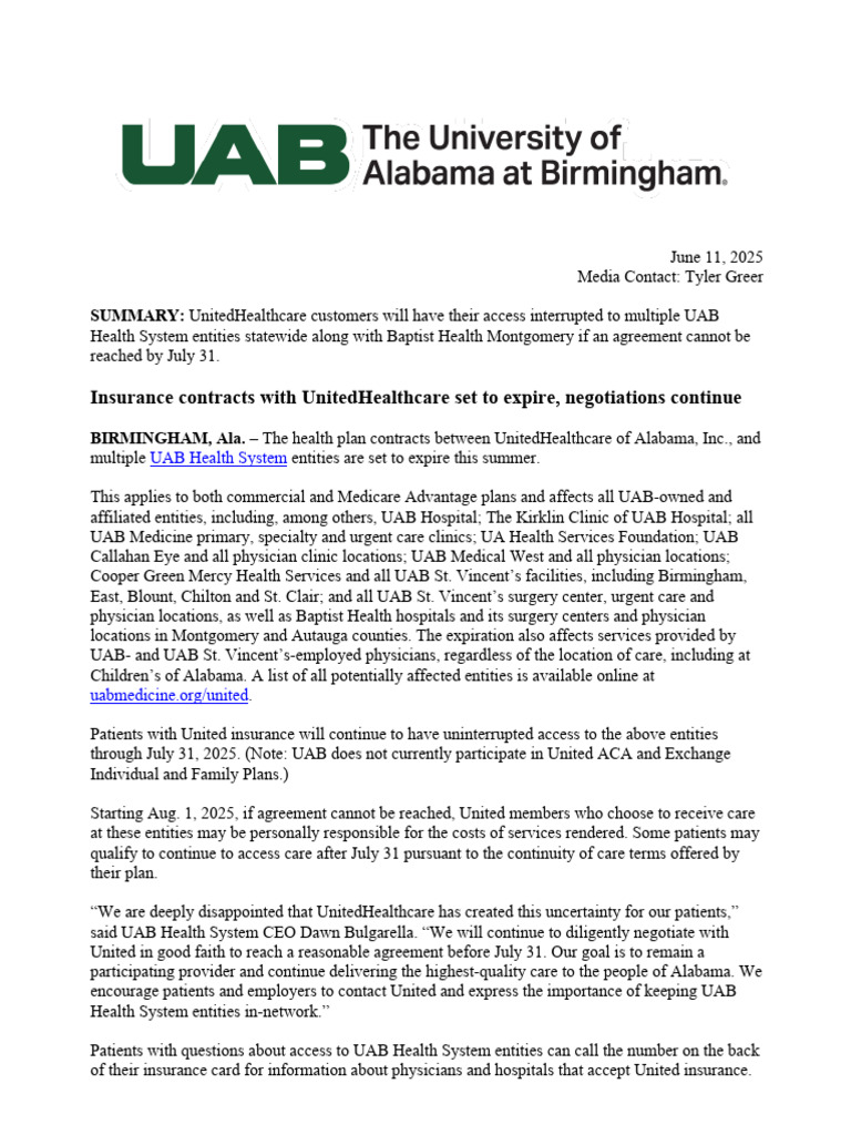 UnitedHealthcare Customers May Lose In-Network Access To UAB Health ...