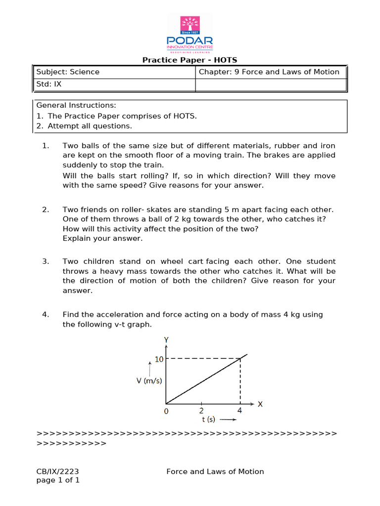 CB - IX - Sci - CH 9 Force and Laws of Motion - HOTS | PDF
